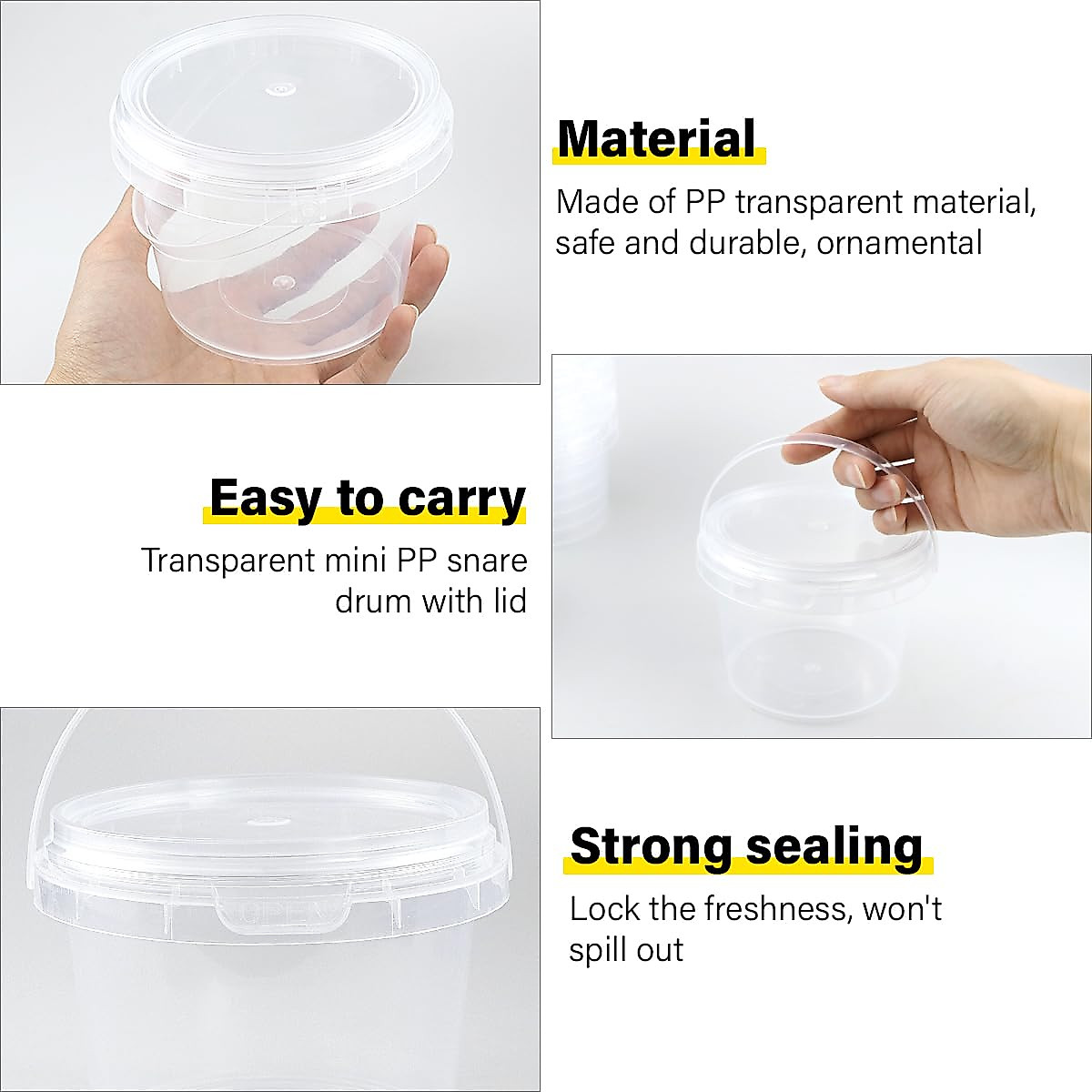 DOERDO 12Pcs Ice Cream Bucket Plastic Storage Buckets Reusable Clear Freezer Containers with Lids, Leakproof Bucket for Homemade Food Drink, 4.7x3.3Inch, 17oz