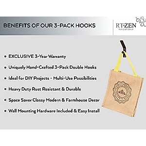 RTZEN Black Coat Hooks Wall Mounted - Double Hooks Coat Hangers for Wall - Heavy Duty Wrought Iron Hooks for Hanging Coats Towels Bags Hats and More - Wall Mount Hooks for Multi Storage (3 Pack)