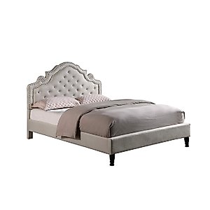 HomeLife Premiere Classics 51" Tall Platform Bed with Cloth Headboard and Slats - Queen (Light Beige Linen)