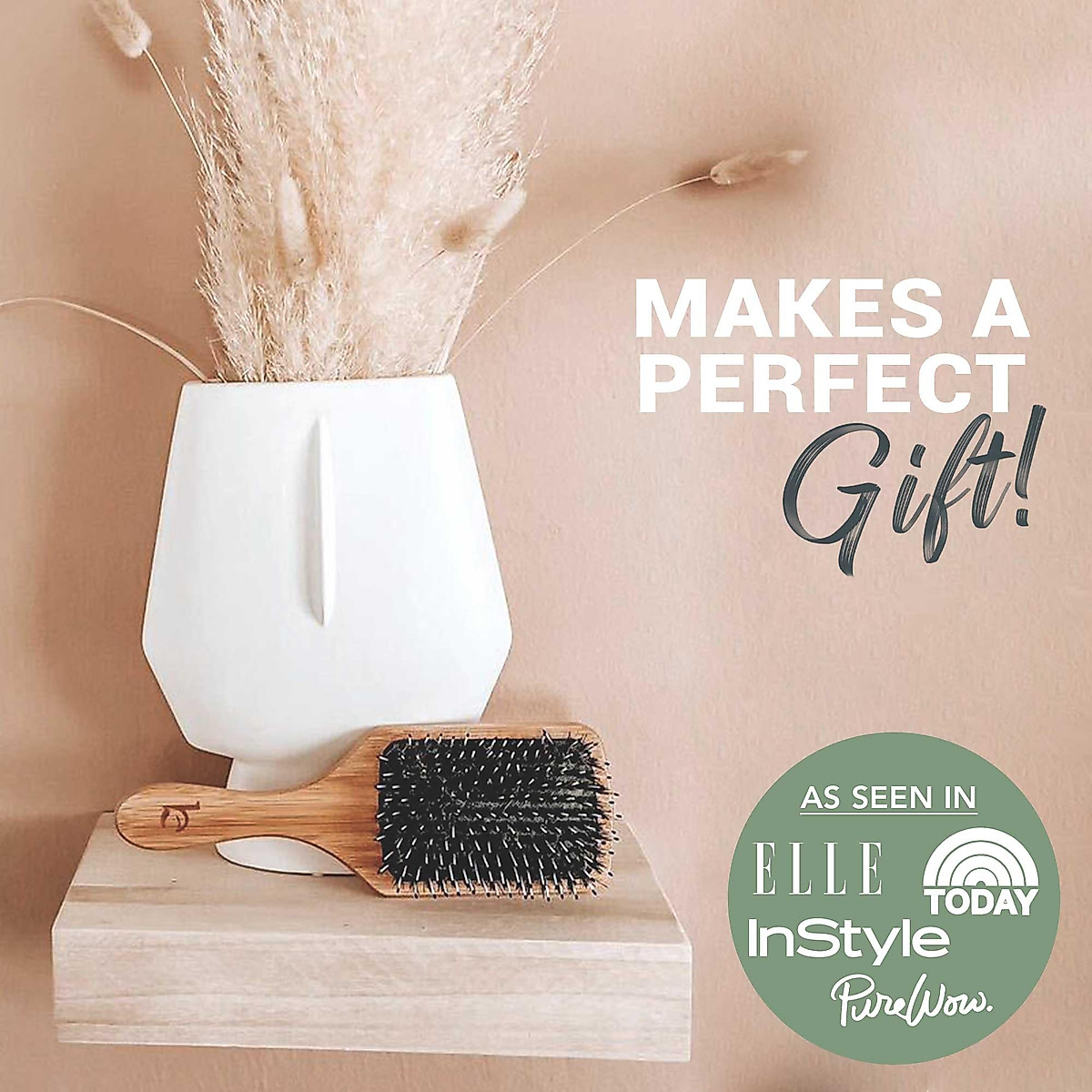 Boar Bristle Paddle Hair Brush - Smoothing Wood Brush for Thick, Curly & Wavy Hair, Detangling Natural Bristles for Women, Stimulates Scalp