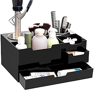 Hiceeden Acrylic Hair Tool Organizer Countertop, Hair Dryer Holder with 2 Drawer, Bathroom Vanity Accessories Storage Stand for Blow Dryer, Hair Brush, Straightener, Black