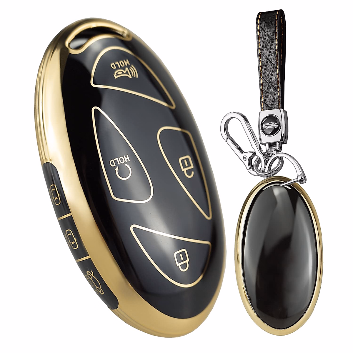 SANRILY Golden-Edge 7 Button Key Fob Cover for Hyundai ioniq 6 2023 Smart Key Keyless Full Coverd Key Holder Case with Leather Keychain Black