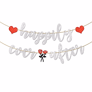 Happily Ever After Banner Silver Glitter, Bridal Shower Banner, Wedding Engagement Decorations, Bachelorette Party Decoration