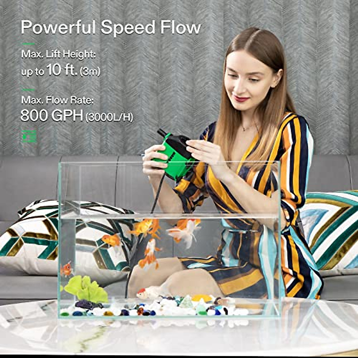 VIVOSUN 800GPH Submersible Pump(3000L/H, 24W), Ultra Quiet Water Pump with 10ft. High Lift, Fountain Pump with 6.5ft. Power Cord, 3 Nozzles for Fish Tank, Pond, Aquarium, Statuary, Hydroponics