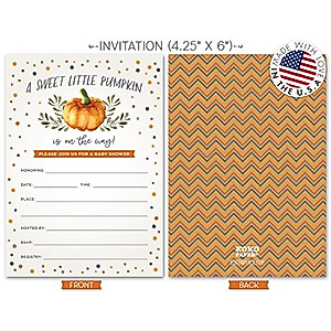 Koko Paper Co Sweet Little Pumpkin on the Way Baby Shower Invitations and Diaper Raffle Tickets | 25 Invitations + 25 Bright White Envelopes + 25 Diaper Raffle Tickets | Made in the U.S.A
