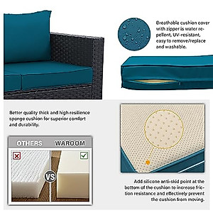 WAROOM Outdoor PE Wicker Patio Furniture Set 4 Piece Black Rattan Sectional Sofa Loveseat Couch Conversation Set with Storage Box Glass Top Table and Anti-Slip Peacock Blue Cushion