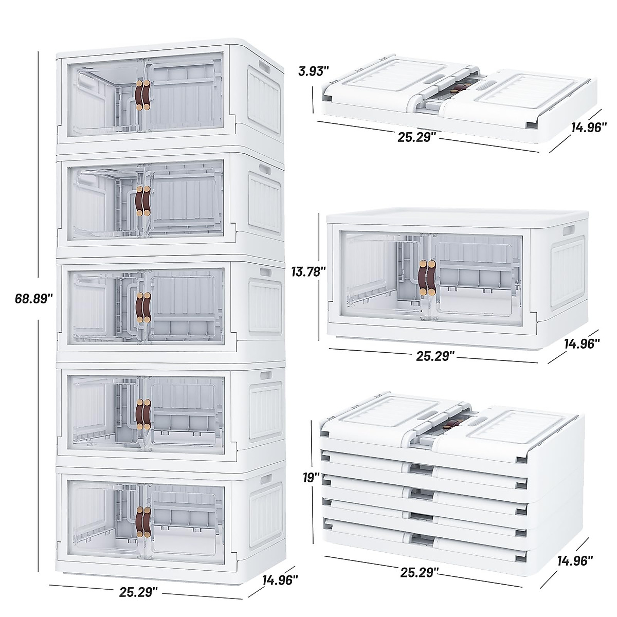 Storage Bins with Lids, 23 Gal White Closet Organizers and Storage, 5 Packs Collapsible Storage Bins with Wheels, Plastic Storage Bins, Double Door Stackable Storage Bins for Home and Office