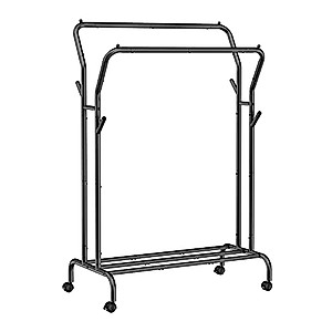 SONGMICS Clothes Rack, Double-Rod Clothing Rack with Wheels, Heavy-Duty Metal Frame, Garment Rack, 220 lb Max. Total Load, 40.7 Inches Wide, Clothes Storage and Display, Black UHSR107B01