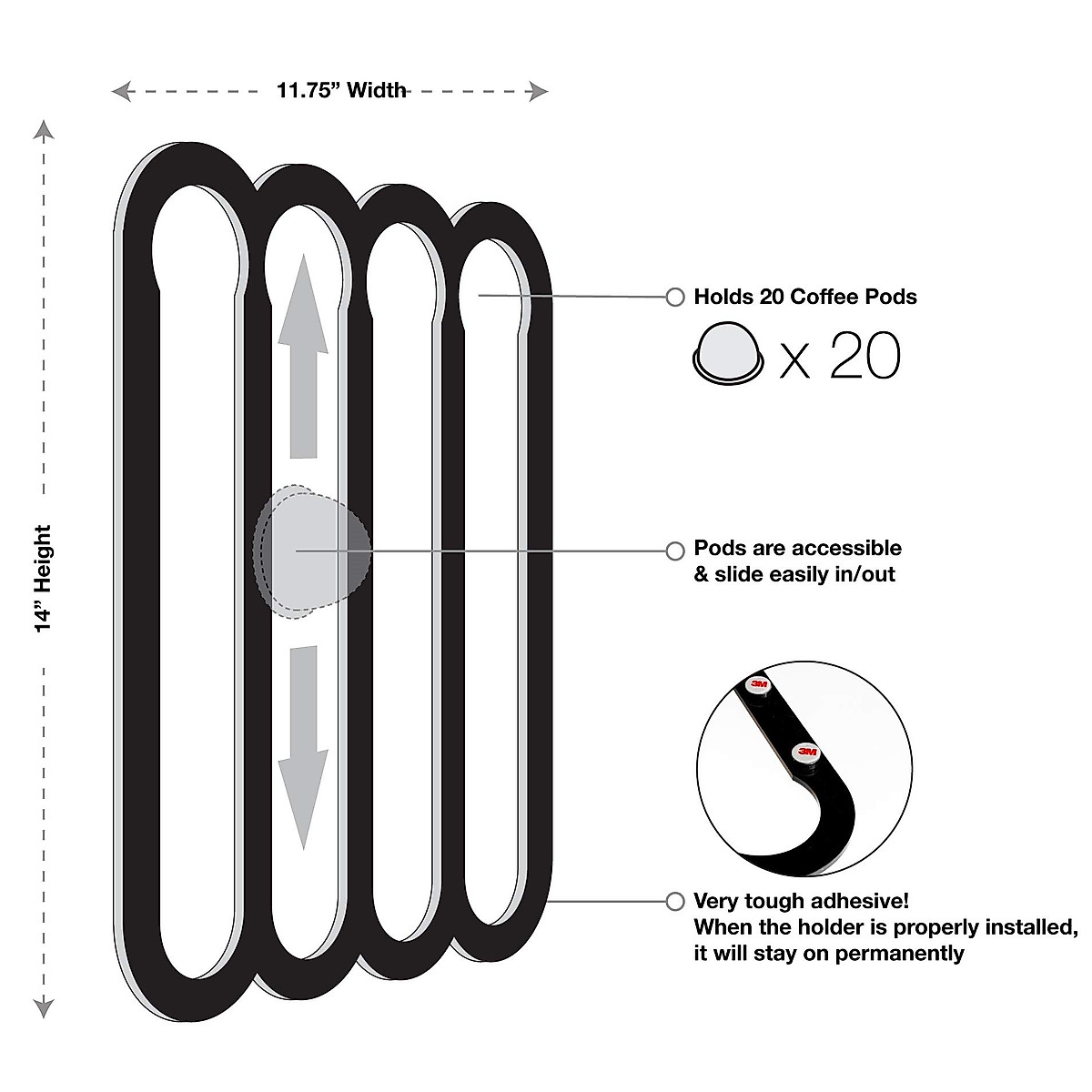 Demi's Home Adhesive Coffee Pod Holder for Nespresso Vertuo Capsules (Measure Before Purchase) - Suitable to be Mounted Inside/Under the Cabinet or on the Wall (Black)