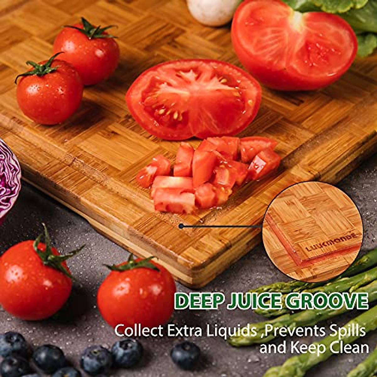 LUUKMONDE Bamboo Cutting Boards, Large Cutting Boards for Kitchen with Juice Groove and Handles, Wooden Cutting Boards, Butcher Block Boards for Meat Cheese and Vegetables