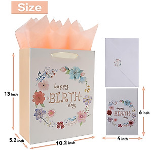 13" Large White Gift Bag Set with Greeting Card and Tissue Papers（Flowers and Happy Birthday）for Women's or Men's Birthday Party, Boys', Girls', or Kids' Parties, Baby Shower, Baby Boy or Girl - 10.2”x5.2”x13”, 1 Pcs.