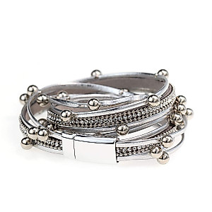 Suyi Women Wrap Bracelet Multilayered Leather Braided Bangle Wrist Cuff Bangles with Magnetic Buckle Silver1