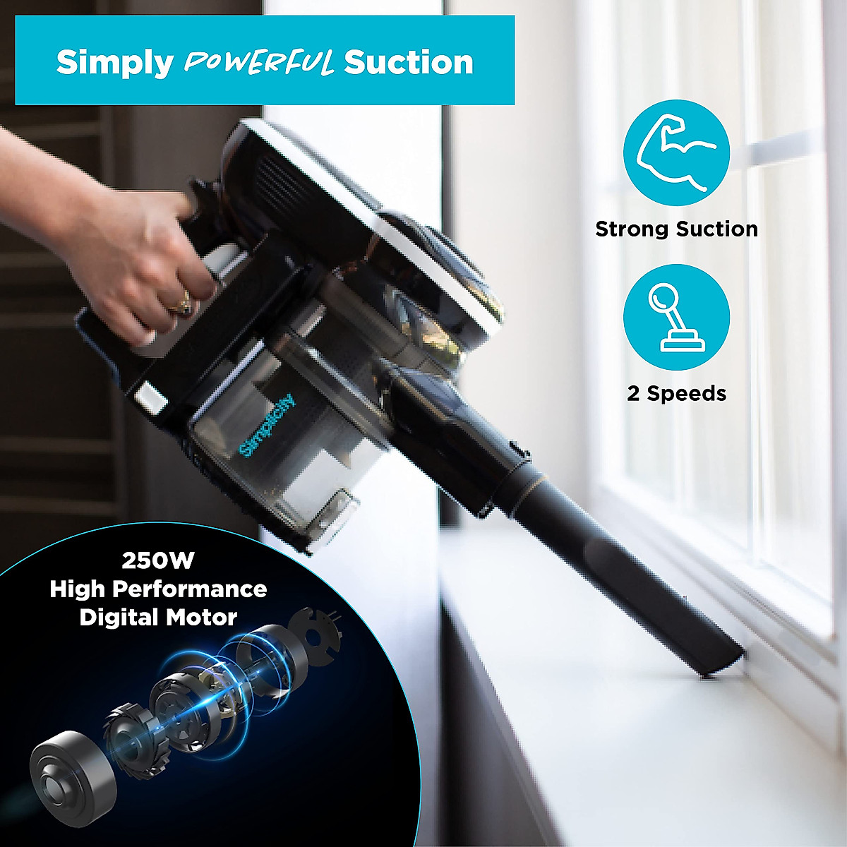 Simplicity Vacuums S65S Vacuum Cleaner Cordless Carpet and Hard Floor Superstar, One-Click and Go Vacuum Stick with Two Speeds, Converts to Handheld Vacuum Cleaner for Car and Home Cleaning