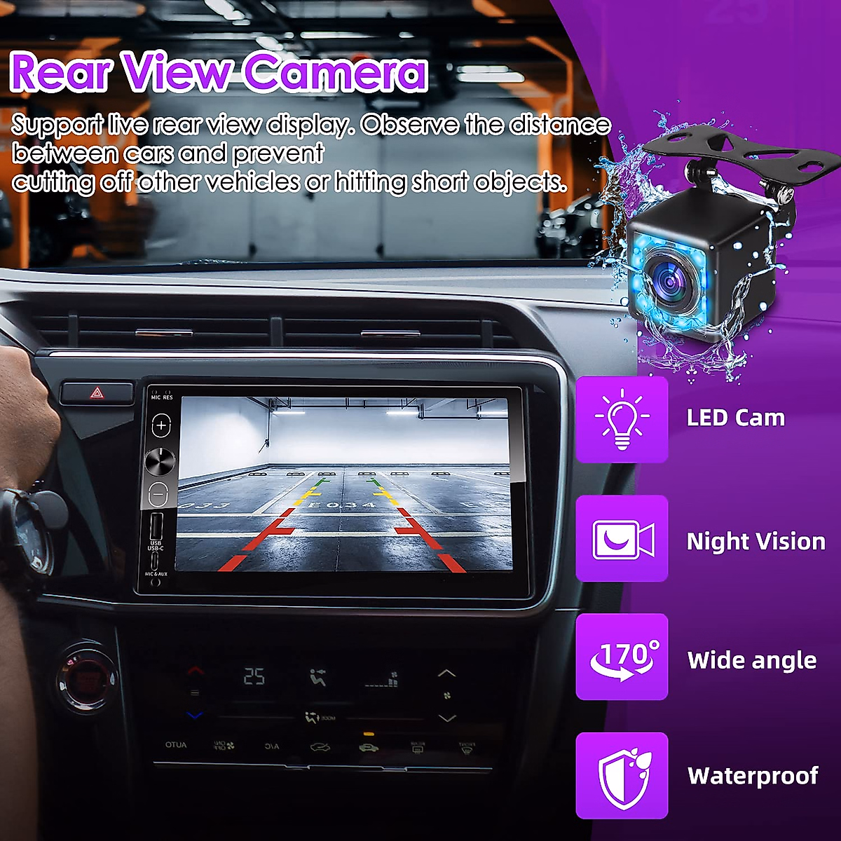 Double Din Car Stereo Apple Carplay & Android Auto 7-Inch Full HD Touchscreen Car Audio Receiver with Bluetooth, FM Radio, USB & Type-C Ports, External Mic/AUX Input, Rear View Camera, Mirror Link