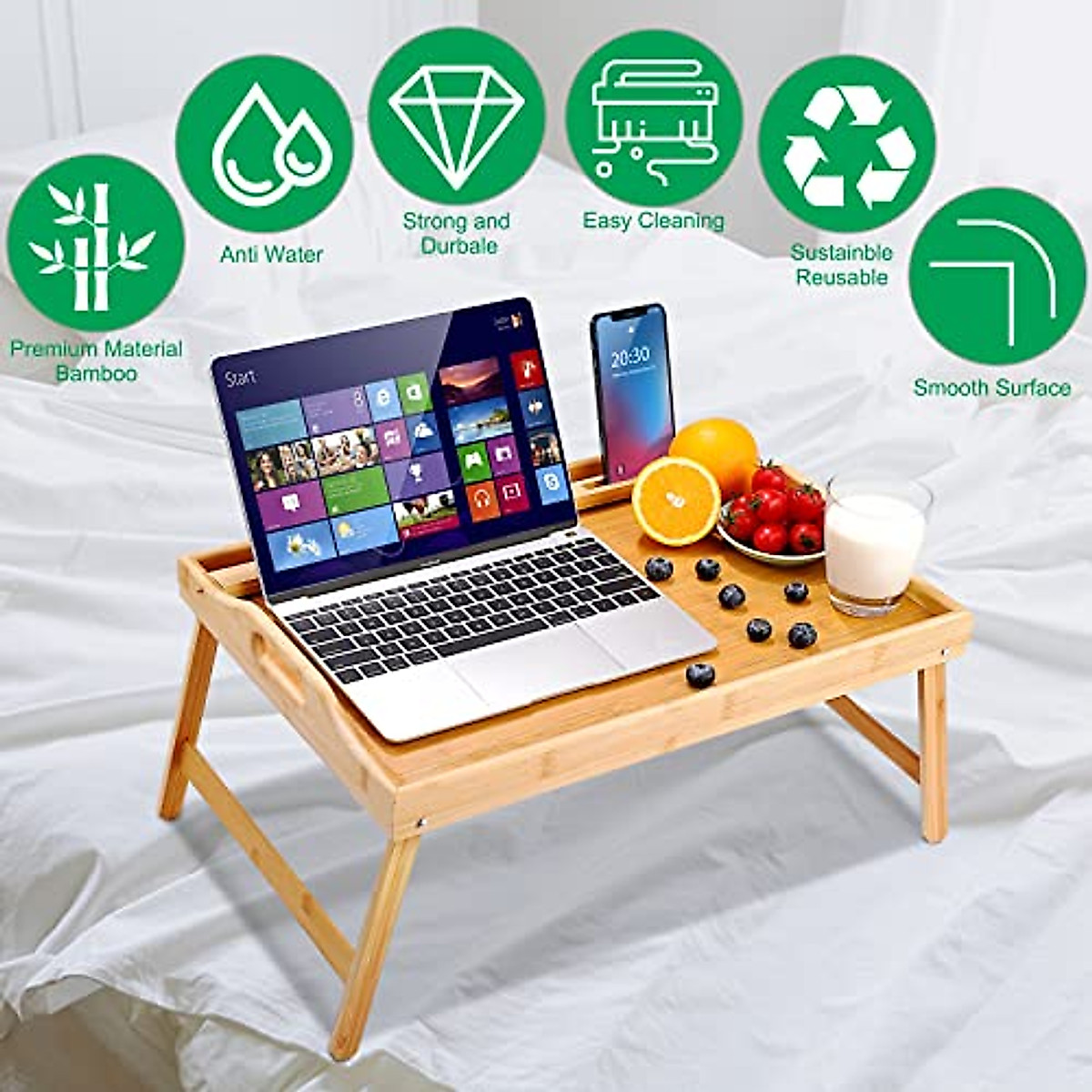 Bamboo Breakfast Bed Table with Legs 20 Inch Lap Trays for Adults Eating,Removable Media Slot Food Trays for Eat on Bed Trays for Adults