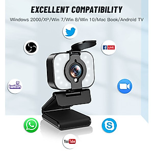 Webcam FHD 1080P Streaming Webcam with Ring Light, Microphone, Privacy Cover and Auto-Focus, Plug and Play, USB Web Camera for Zoom Skype YouTube, PC Laptop Computer