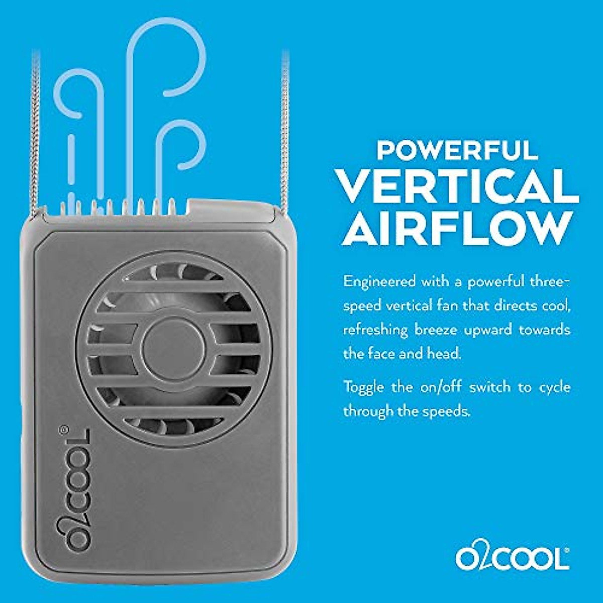 O2COOL Rechargeable Necklace Fan - Portable Hanging Neck Fan with Adjustable Lanyard - 3 Speed Vertical Air Flow – Micro USB Charging Cable Included (Grey)