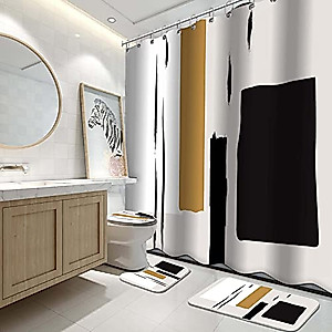 KINUUIS 4PC Black Bathroom Shower Curtain Sets Smear Line Bathroom Sets Watercolor Bathroom Sets with Rugs and Accessories White Abstract Shower Curtain for Bathroom Decoration