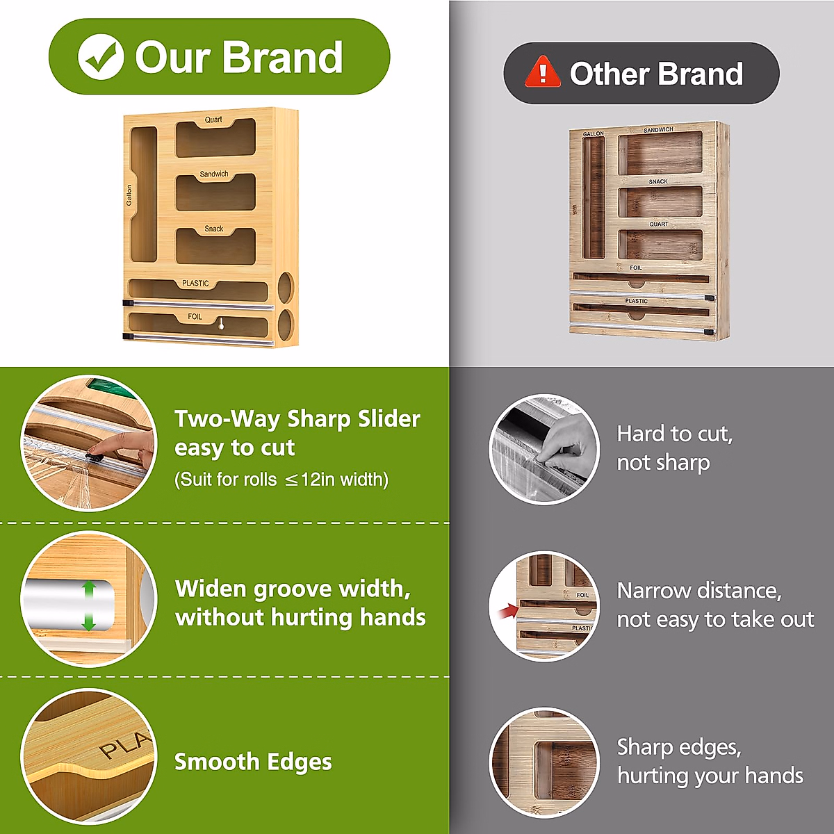 Lawmoliw Bag Storage Organizer for Kitchen Drawer, 6 in 1 Foil and Plastic Wrap Dispenser with Cutter, Bamboo Plastic Bag Food Baggie Organizer for Gallon, Quart, Sandwich, Snack