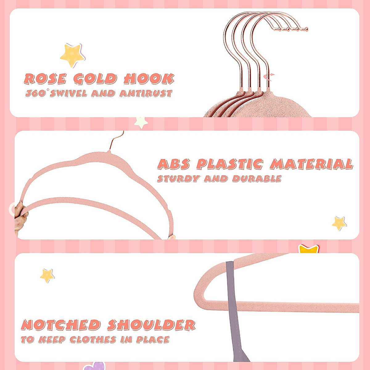 ManGotree Baby Velvet Hangers with 360° Swivel Rose Gold Hook, 10.95" Non-Slip Toddler Hangers, Ultra Thin Space Saving Children's Clothes Hanger, 15 Pack (Light Pink)