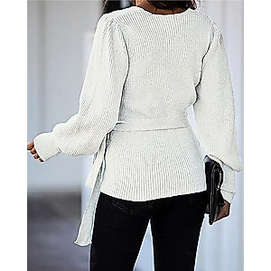 KIRUNDO 2023 Women's Fall Winter Wrap V Neck Sweater Balloon Sleeves Ribbed Knitted Pullover Tie Front Tunic Top Jumper(Small, Beige)