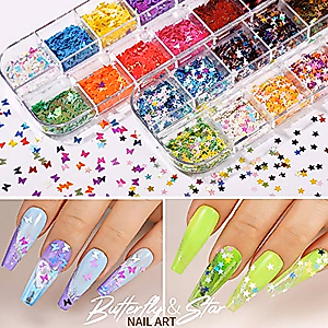 12 Sheets Nail Art Sticker 3D Self-Adhesive, Teenitor Nail Art Decoration with 5 Boxes Holographic Nail Art Glitter Flakes Butterfly Heart Star Maple Leaf Nail Sequins and Nail Art Flower Slices