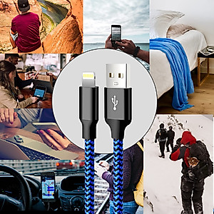 cugunu iPhone Charger, 5 Pack 3/3/6/6/10FT Apple MFi Certified USB Lightning Cable Nylon Braided Fast Charging Cord Compatible for iPhone 14/13/12/11/X/Max/8/7/6/5/SE/Plus/iPad - Black Blue