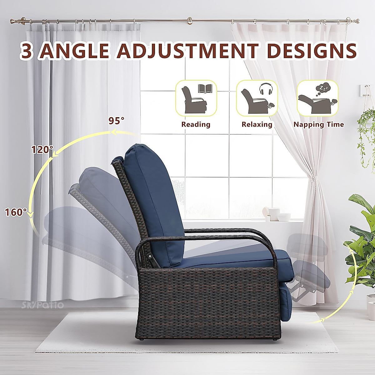 Skypatio Oversized Indoor & Outdoor Wicker Recliner, Adjustable All-Weather Wicker Patio Reclining Chair, Aluminum Patio Rattan Armchair with Thick Cushion