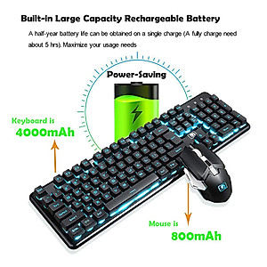 Soke-Six Wireless Rechargeable Backlit Keyboard and Mouse Combo, 2.4G Full-Size Mechanical Feel Gaming Keyboards with USB 2400DPl Mice,Adjustable Breathing Lamp,Anti-Ghosting (Black& Blue Light)