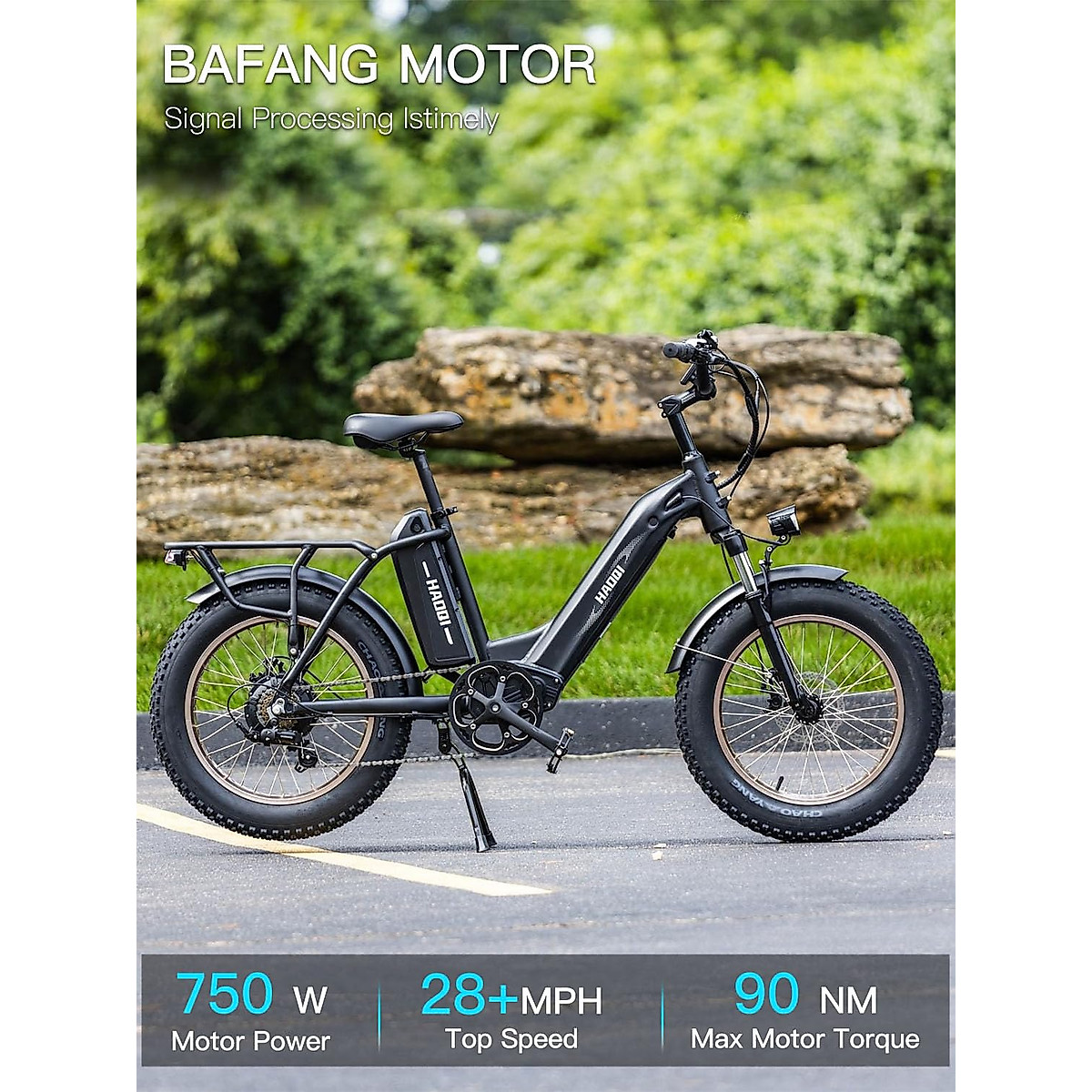 HAOQI Antelope Black Electric Bike for Adults 48V 25AH Removable Dual Lithium Battery, 750W Motor, 20" x 4.0 Fat Tire Step-Thru Ebike up to 28MPH, 7-Speed