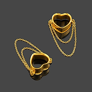 Earblity 2PCS Women Dangle Earrings 10mm/00g Gold Heart Double Chain Earrings Ear Tunnels hangers for stretched,Hypoallergenic Body Piercing Jewelry