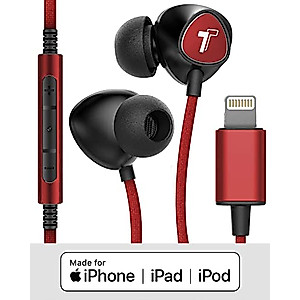 Thore iPhone Earphones (Apple MFi Certified) V110 in Ear Braided Wired Lightning Earbuds (Sweat/Water Resistant) Headphones with Mic/Volume Remote for iPhone 12/13/14 Pro Max - Red