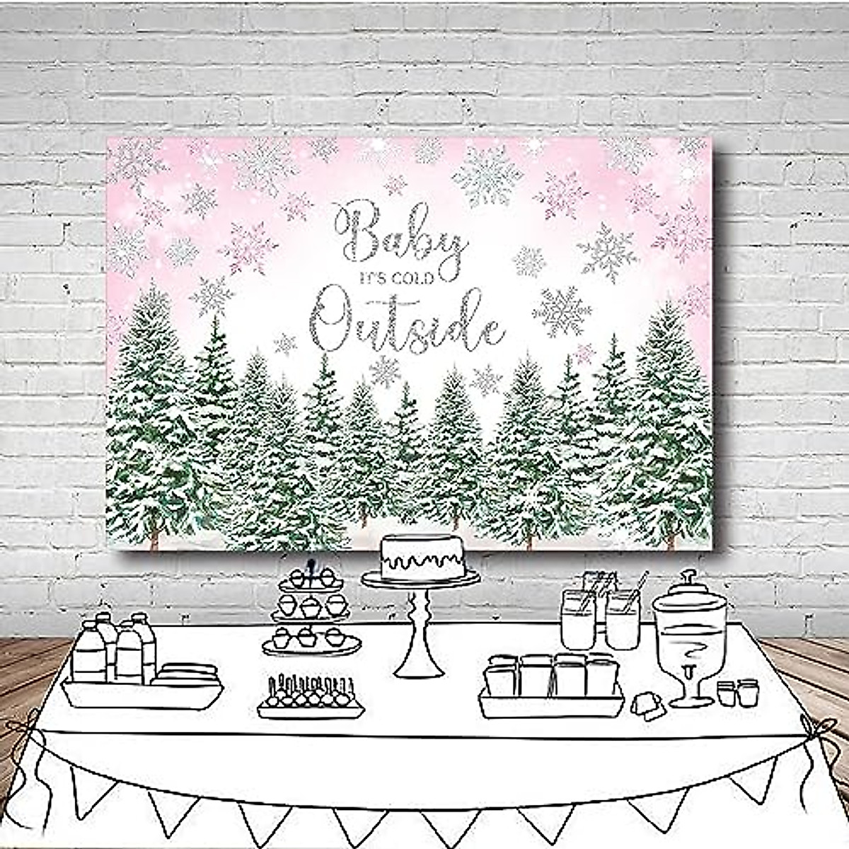 Mehofond 7x5ft Winter Baby Shower Pink and Green Backdrop Baby It's Cold Outside Snowflake Silver Gliter Photography Background Our Little Baby Is on the Way Party Banner Decorations Photo Booth Props