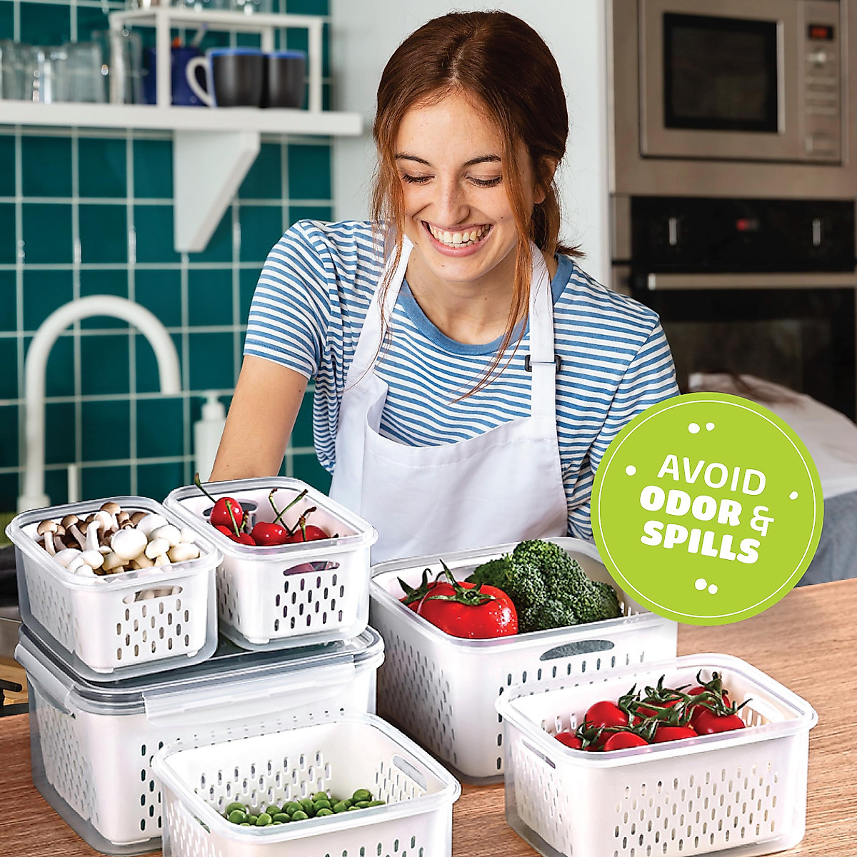 AVUX Fruit Storage Containers for Fridge (5 Pcs) Air Tight Food Storage Bins with Lid | Leak-Proof Rectangular Containers to Keep Fruits, Berries, Veggies, and Salad Fresh for Longer