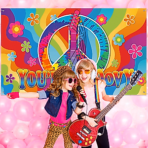 60's Party Decorations Hippie Groovy Backdrop 60s Party Sign Scene Setters Wall Decoration Banner Photo Booth Props Background with Rope for Hippie Theme Groovy Party Decorations, 72.8 x 43.3 Inch