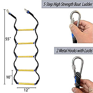 Boat Rope Ladder, 5 Step Heavy Duty 400Lbs Strength Rope Ladder for Inflatable Boat, Fishing Boat, Kayak, Motorboat, Canoeing, Extra Long Portable Marine Boarding Rope Ladder (Black)
