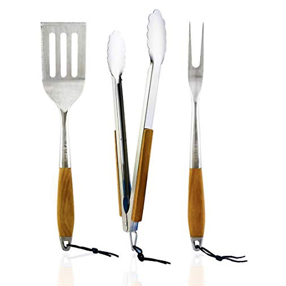 COLSEN Heavy Duty 3-Piece BBQ Grilling Tool Set, Stainless Steel Tongs, Spatula, & Fork, Kitchen Utensils Set, Camping Accessories, Brown