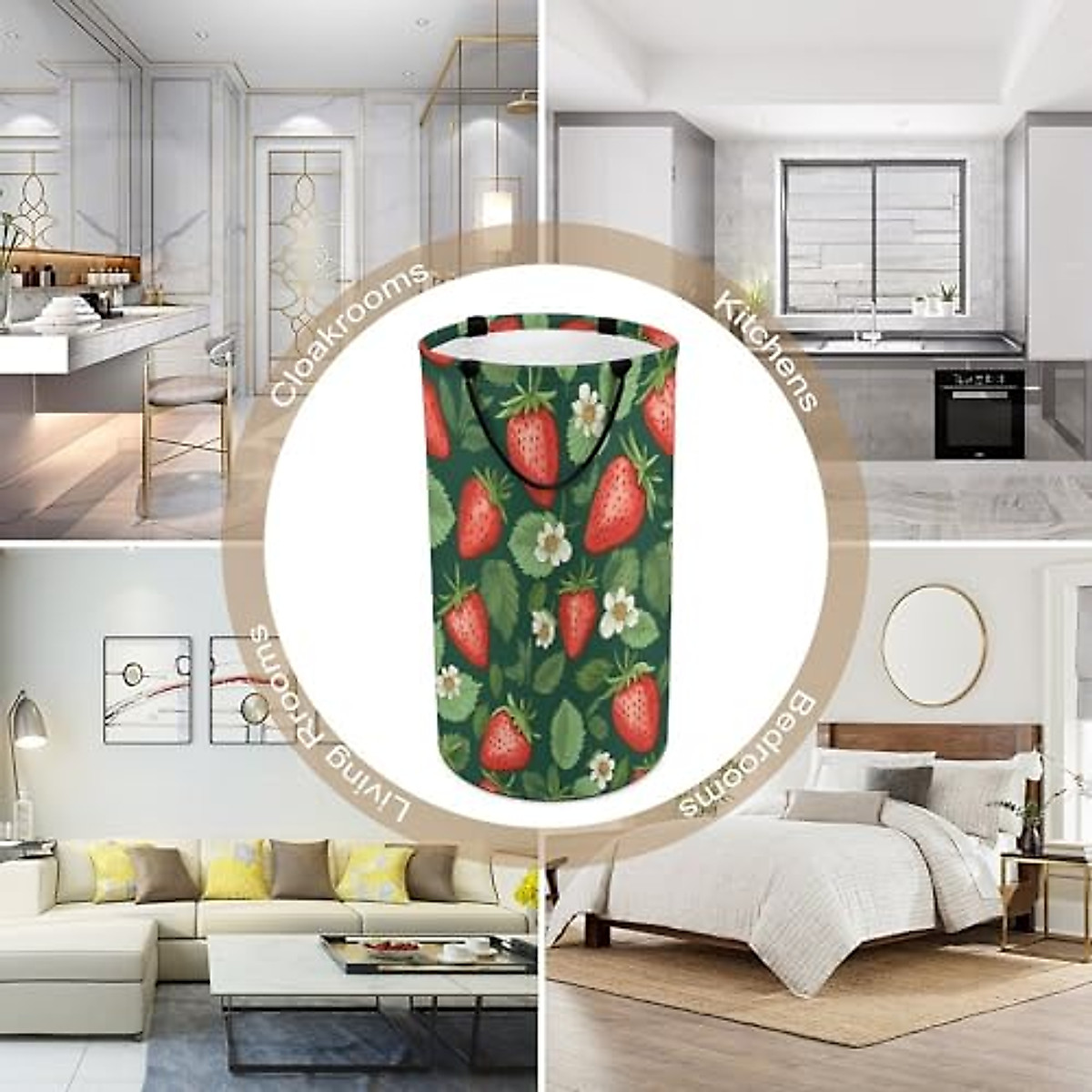 Laundry Basket Hamper Waterproof Dirty Clothes Hamper Fresh Strawberries And Leaves Collapsible Washing Bin Clothes Bag with Handles Freestanding Laundry Hamper for Bathroom Bedroom Dorm Travel