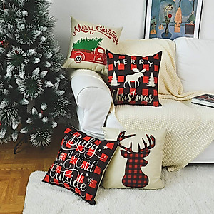 PSDWETS Christmas Pillow Covers Set of 4 Christmas Decorations Cotton Linen Winter Deer Christmas Decor Throw Cushion Cover 18 X 18