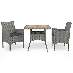 3 Piece Patio Dining Set,Cafes Table Chairs,Balcony Furniture,Chairs with Thick Padded Cushions,Assembly Required,Used in Restaurant, Bistro, Coffee Shop,Balcony,Gray Poly Rattan and Acacia Wood
