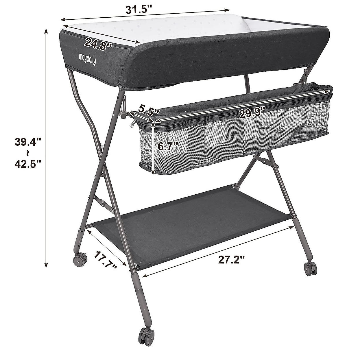 Baby Changing Table with Wheels, Maydolly Portable Adjustable Height Folding Diaper Station with Nursery Organizer & Storage Rack for Newborn Baby and Infant (Dark Grey)