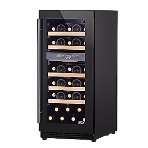 HCK Wine Fridge Dual Zone, Wine Cooler Refrigerator 15 Inch, 29 Bottle, Built-In or Freestanding Under Counter Wine Fridge with LED Light for Wine, Champagne, Home, Kitchen, Office