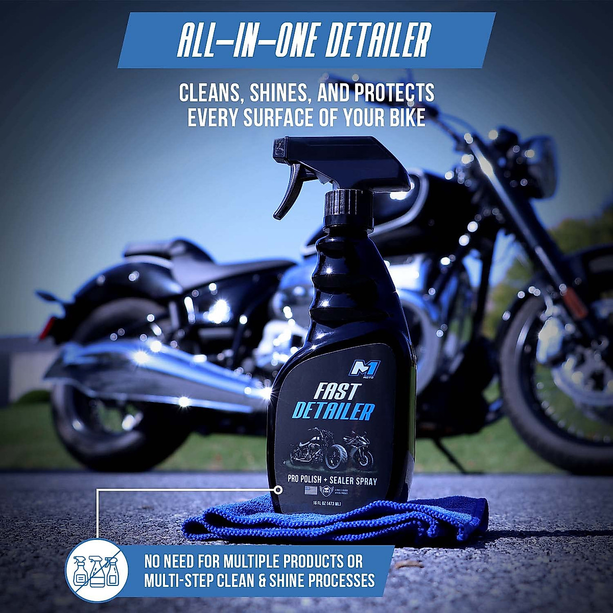 M1 MOTO Fast Detailer Motorcycle Cleaner, Pro Polish Plus Sealer Spray, All-in-One Every Surface Motorcycle Cleaning Kit with Microfiber Cloth, Quick Detailer, 16 FL OZ
