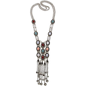 Tpocean Vintage Retro Rhinestone Silver Gold Turquoise Long Boho Bohemian Statement Ethnic Tribal Necklace for Women