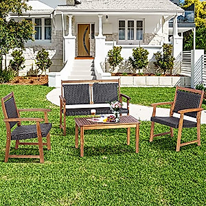 Tangkula 4 Pieces Patio Rattan Conversation Set with Acacia Wood Frame, Patiojoy Outdoor Furniture Set with Chairs & Coffee Table, Sectional Furniture Set for Garden, Backyard, Poolside