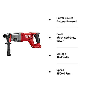 Milwaukee Electric Tool 2713-20 Milwaukee M18 Fuel 18V Lithium-Ion Brushless Cordless Sds Plus D-Handle Rotary Hammer, 1", Bare Tool, Plastic, 17.63" x 3.85" x 6.61"