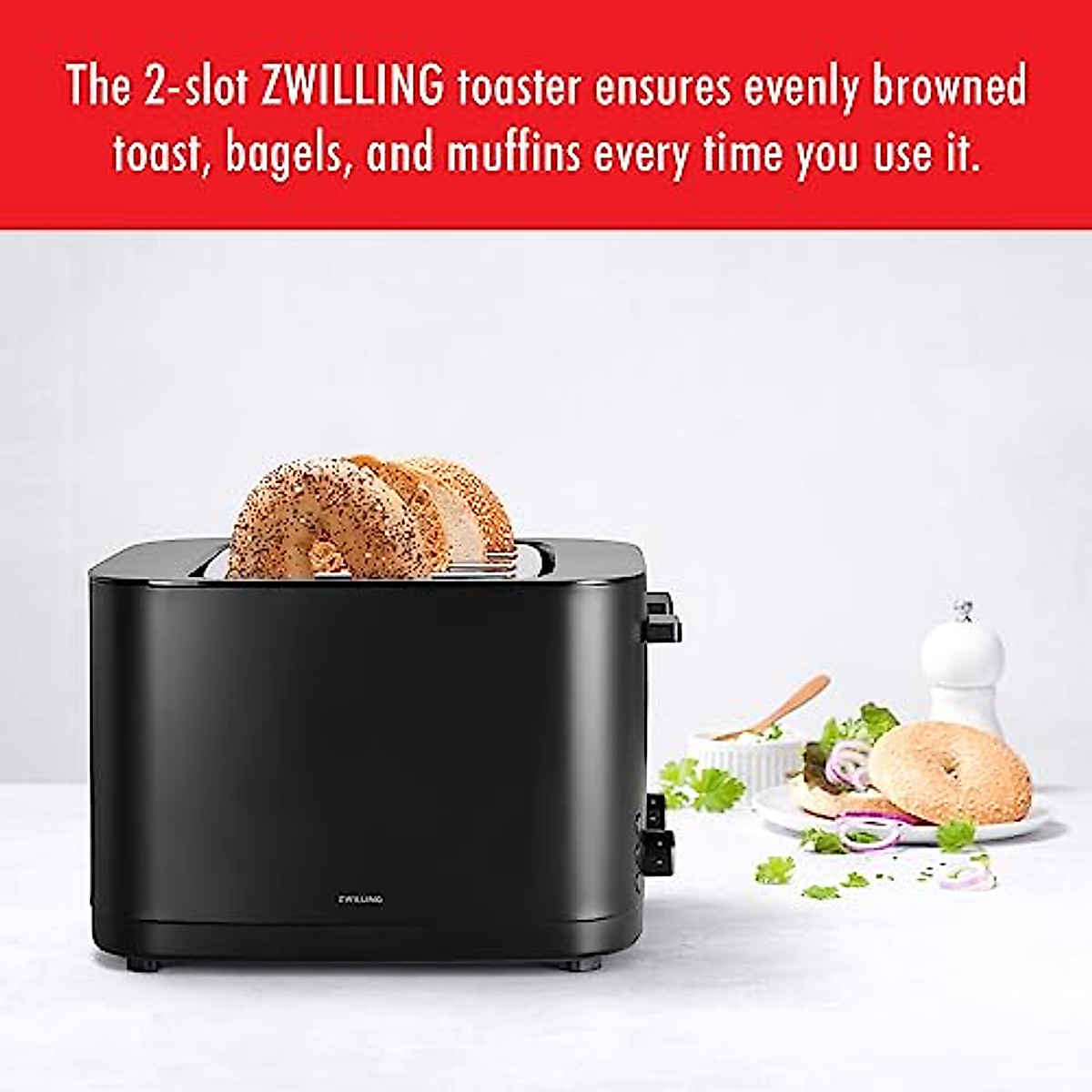 ZWILLING Enfinigy Cool Touch Toaster 2 Slice with Extra Wide 1.5" Slots for Bagels, 7 Toast Settings, Even Toasting, Reheat, Cancel, Defrost, Black