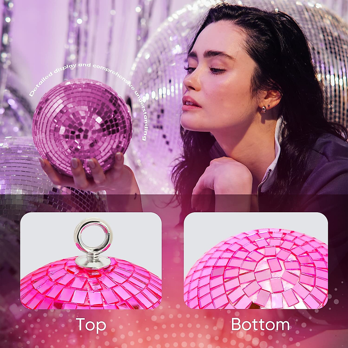 Pink Mirror Disco Ball 6 inch Small Reflects Light Mirror Ball with Hanging Rings for Party Decorations, 70s Theme Party, Christmas Decorations, DJ, Wedding, Birthday