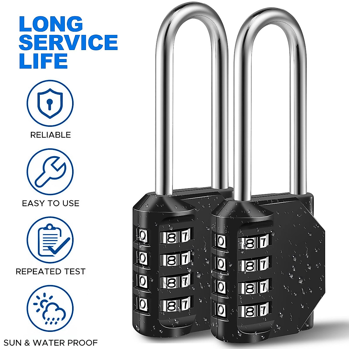 Combination Lock, 4 Digit Combination Padlock for School Gym Sports Locker, Fence, Toolbox, Case, Hasp Cabinet Storage (Long Shackle, 2 Pack, Blue & Black)