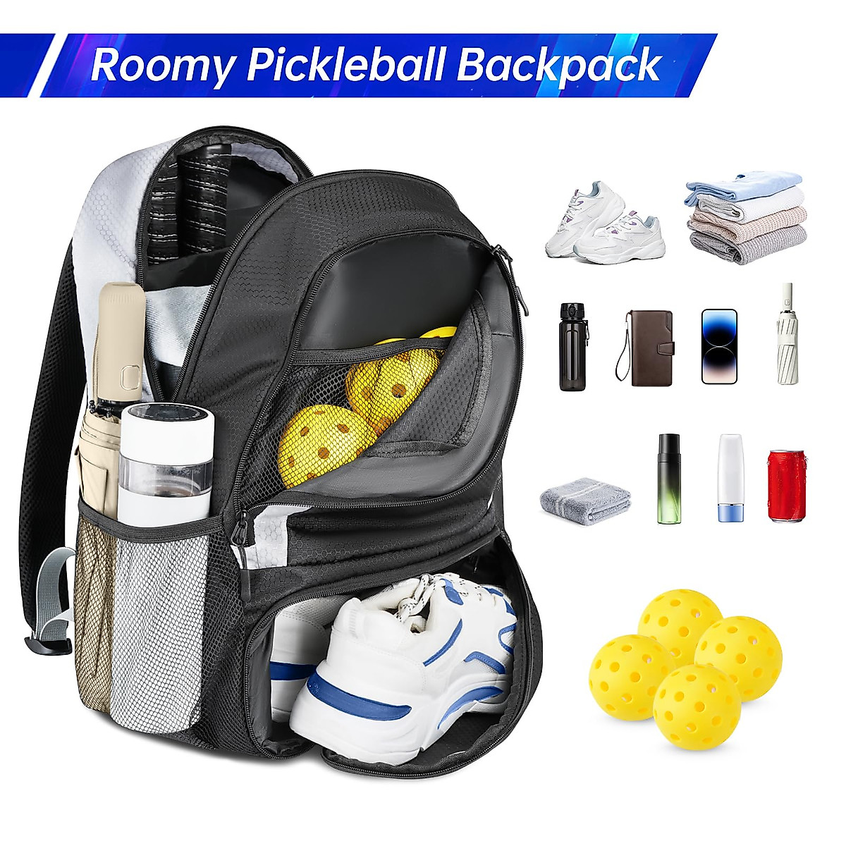 YOREPEK Pickleball Bag Backpack with Shoe Compartment, Fence Hook for Men Women, Large Capacity Pickleball Paddle Bags Hold Paddles, Pickleballs, Clothes Shoes and Pickleball Accessories, Bag Only